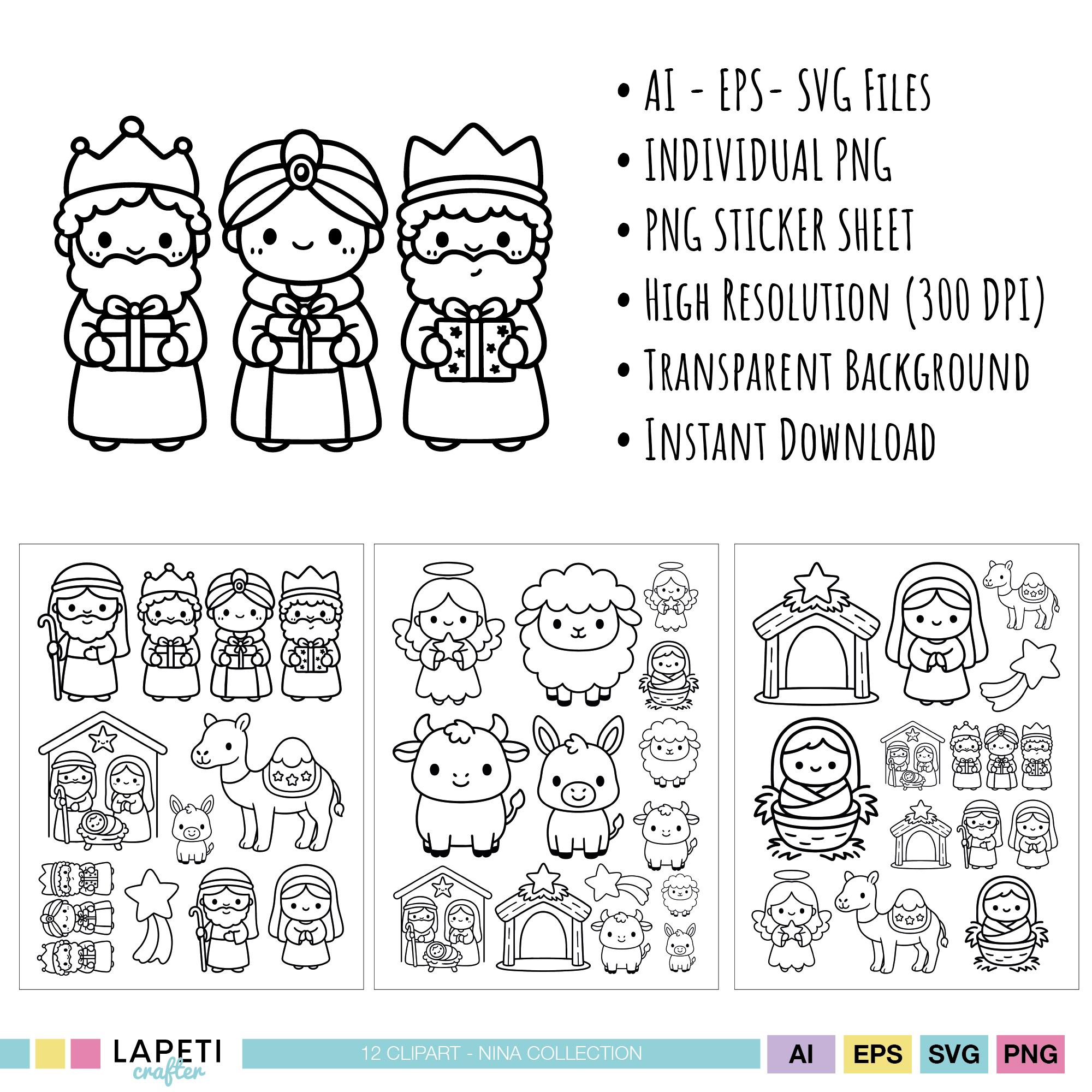 Nativity Christmas Clipart Bundle, Cute Nativity PNG for Stickers, Baby ...