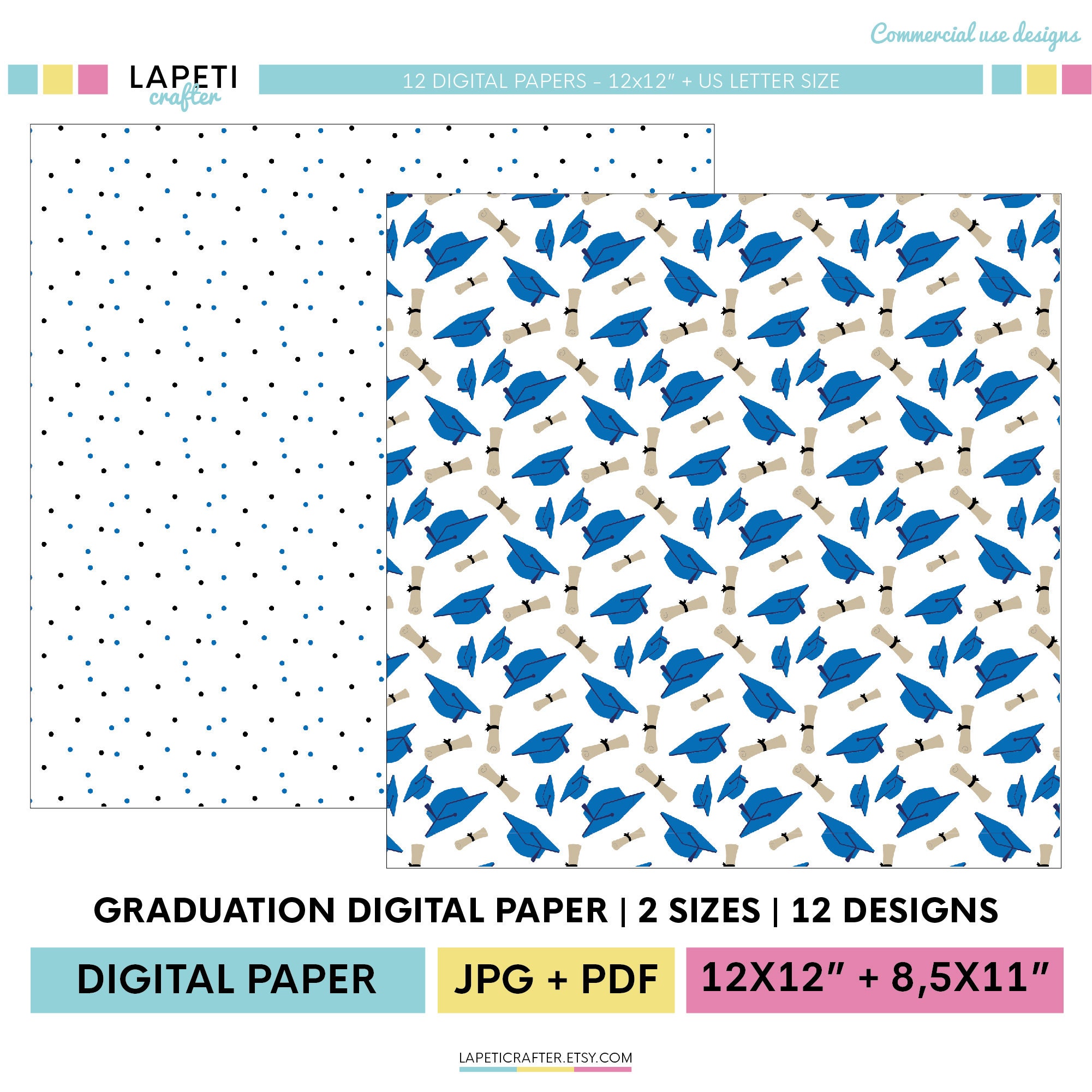 Digital papers for graduation in blue colors 12 decorated | Etsy
