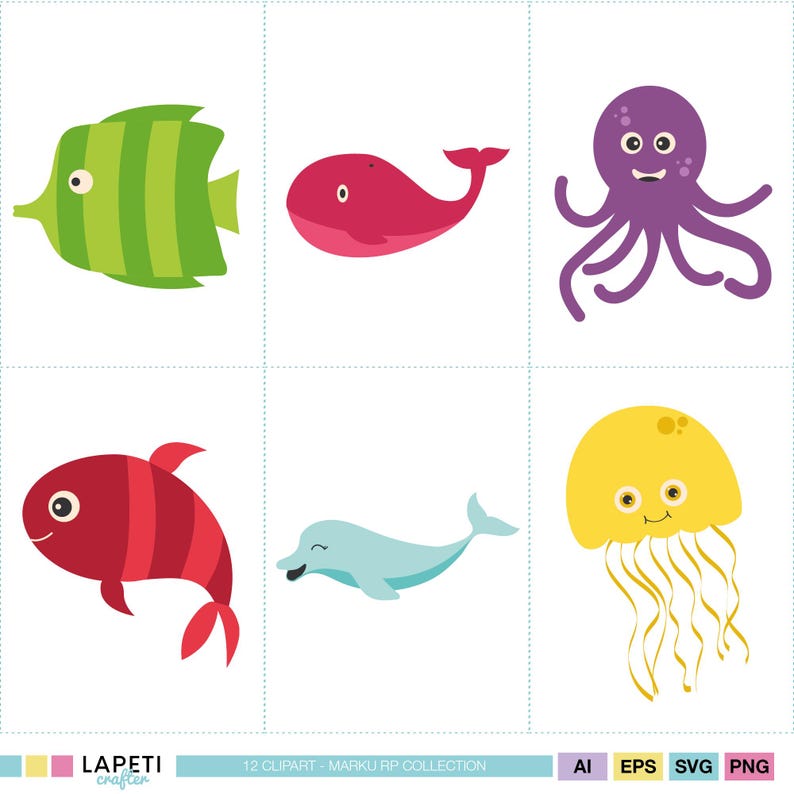 Cute Ocean Animals Clipart, Under the Sea PNG Set, Sea Life Digital ...