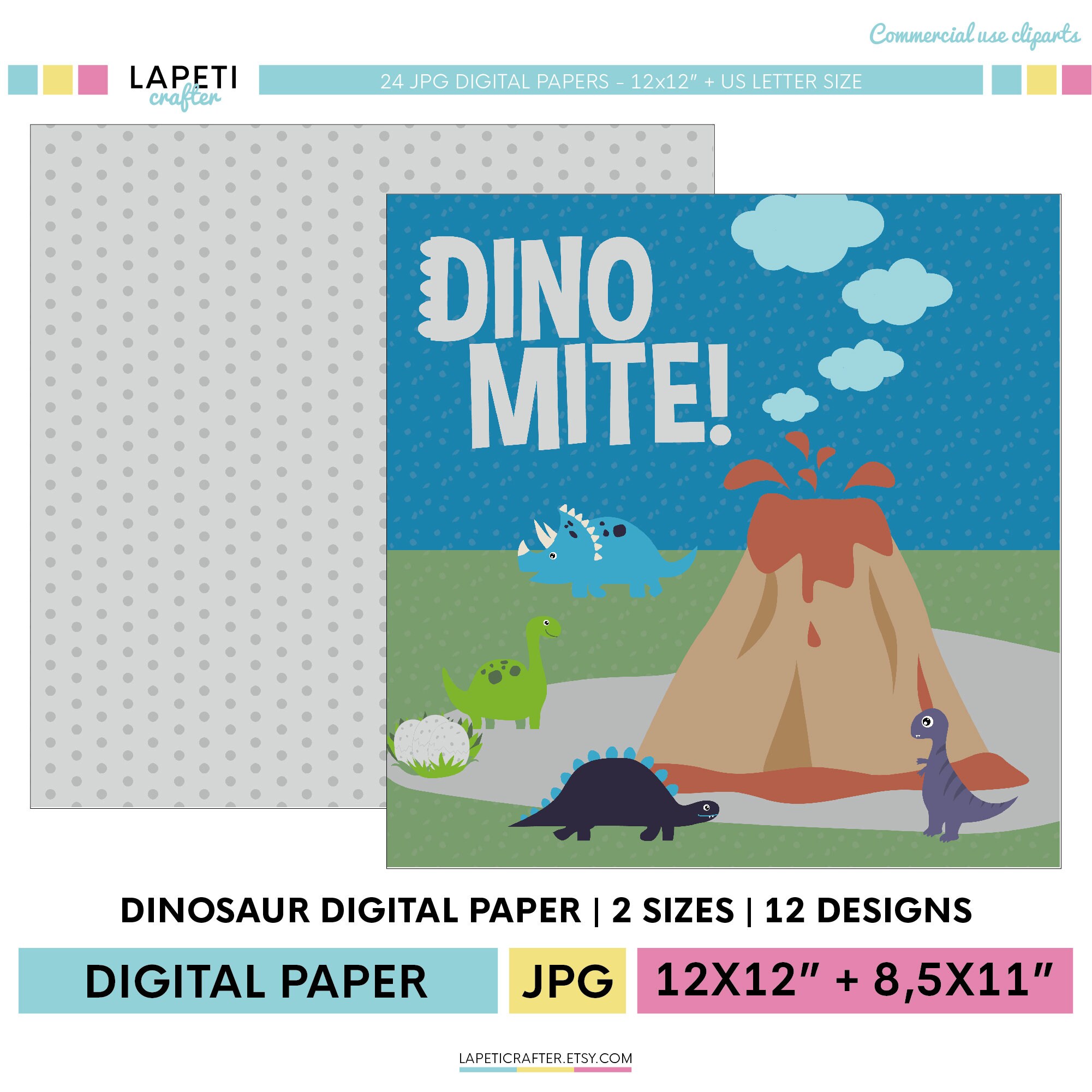 Dinosaur digital paper 12x12 Digital Scrapbooking Paper | Etsy