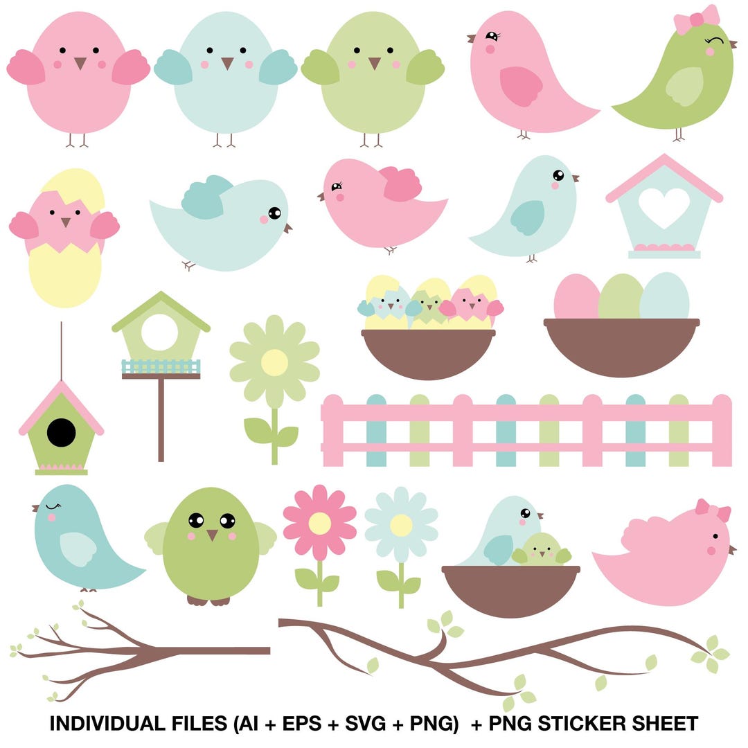 Cute Birds Clipart Set, Pastel Spring Birds PNG, Kawaii Baby Bird ...
