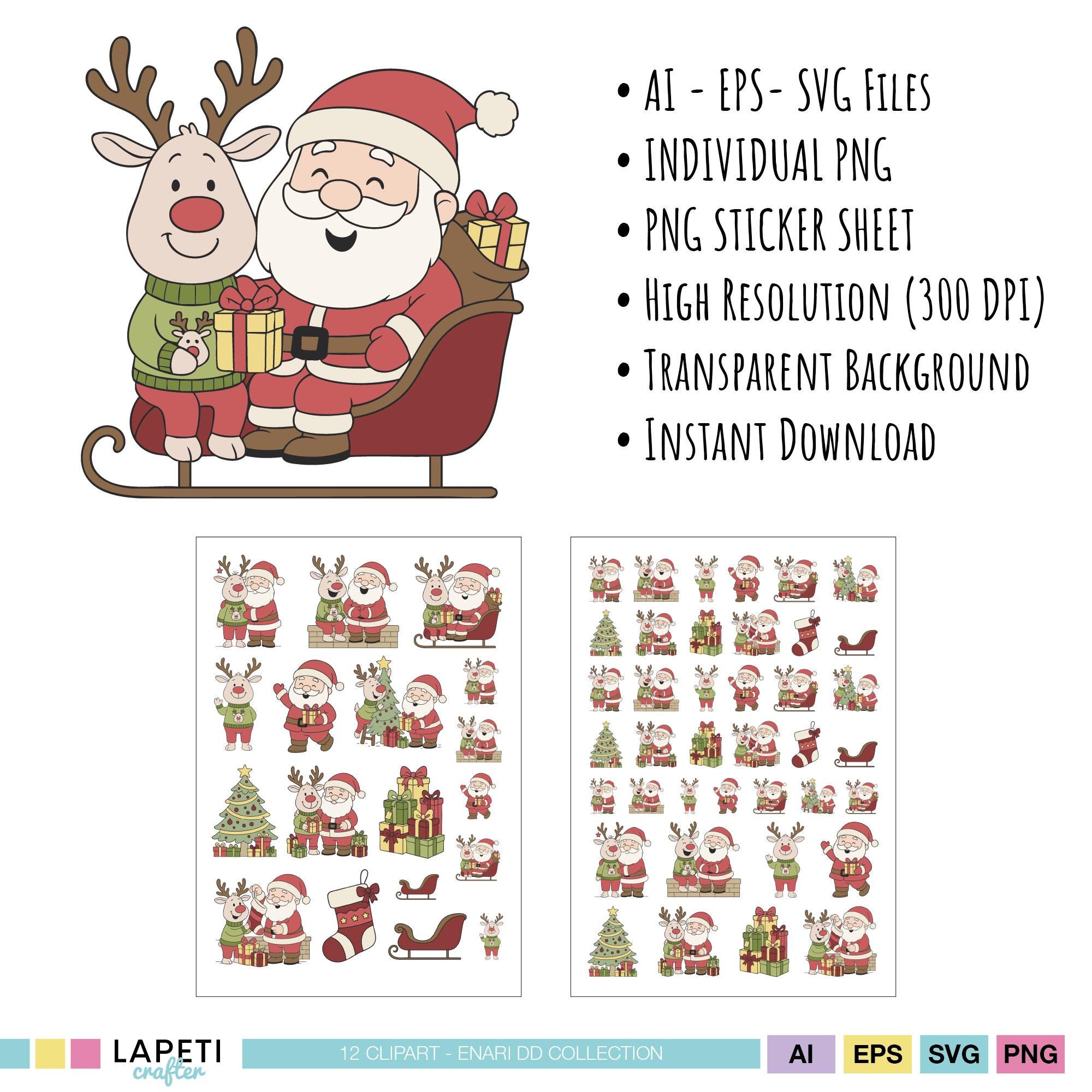 Santa and Reindeer Clipart, Santa Png Digital Download, Reindeer Png ...
