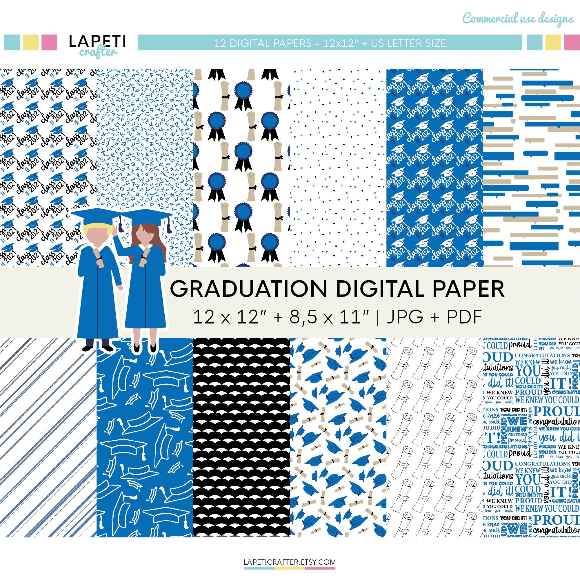 Digital papers for graduation in blue colors 12 decorated | Etsy
