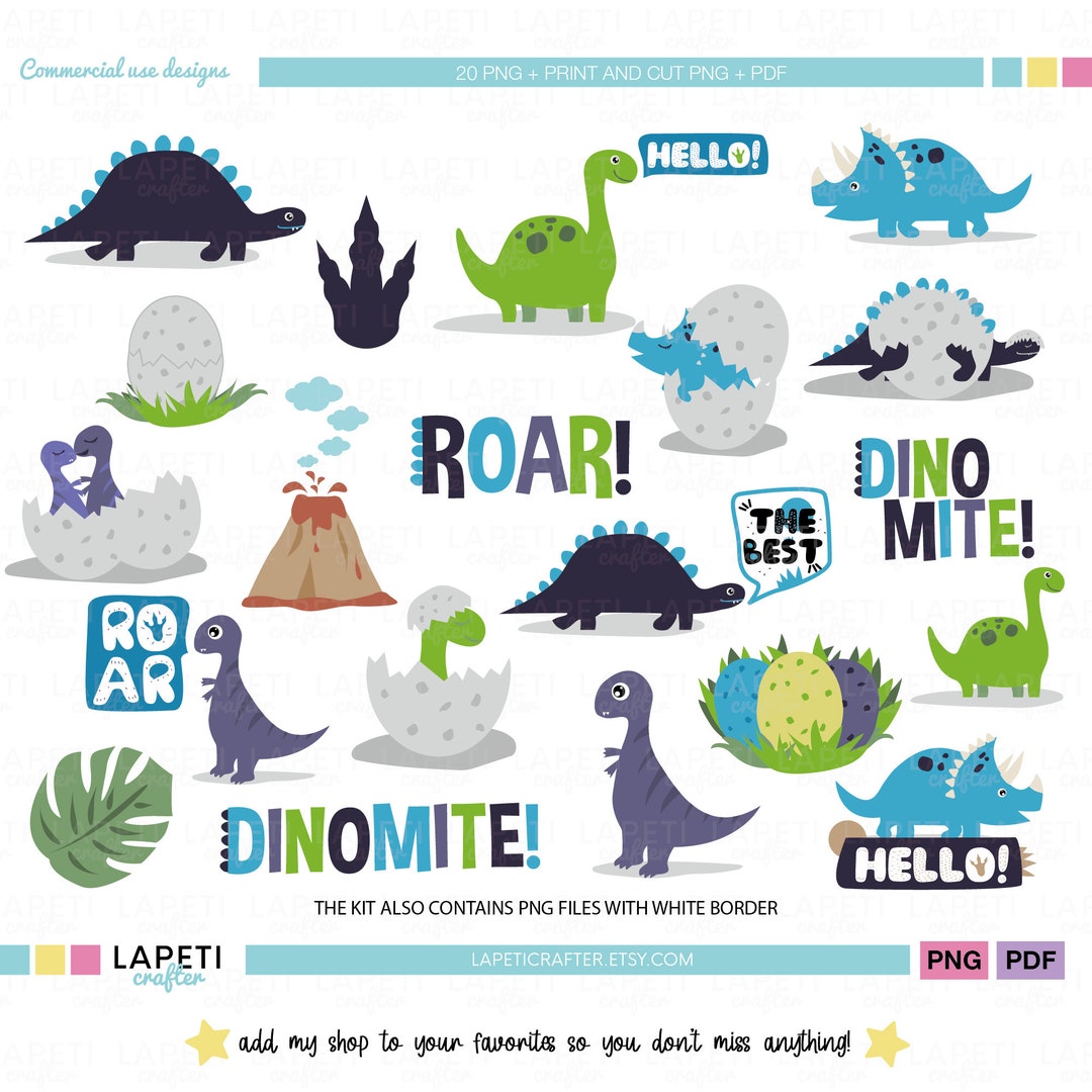 Dinosaur Clipart Bundle 20 PNG Files 20 PNG With White Border Clipart ...
