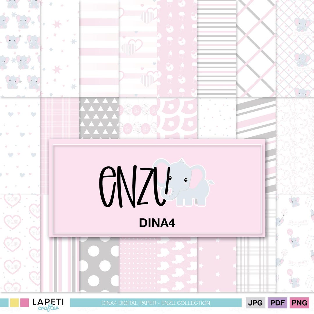 Baby Elephant Digital Paper Pack, Pink and Grey Nursery Patterns, Cute ...