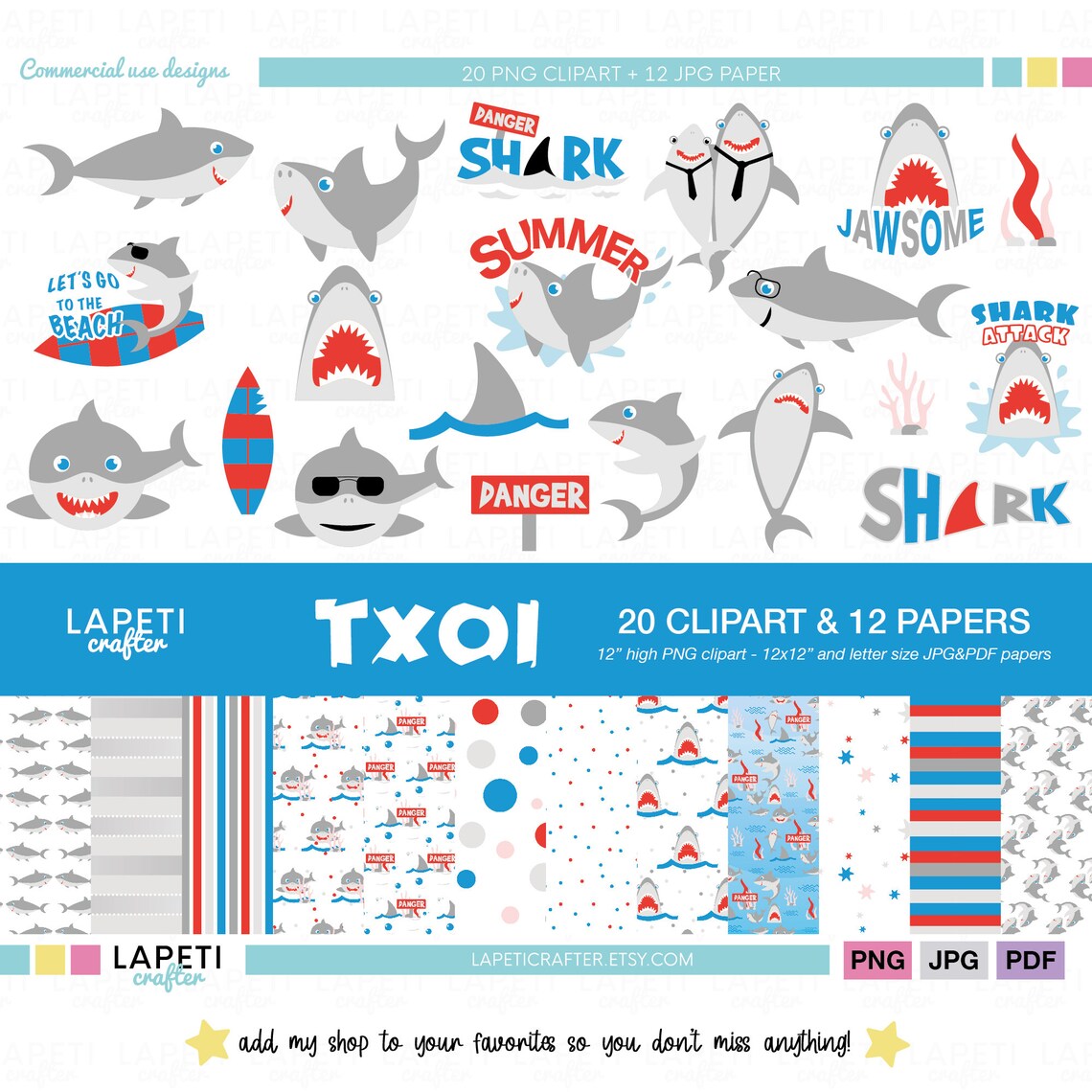 SHARK Clipart and Digital Paper Kit 20 PNG Files 12 Jpg - Etsy