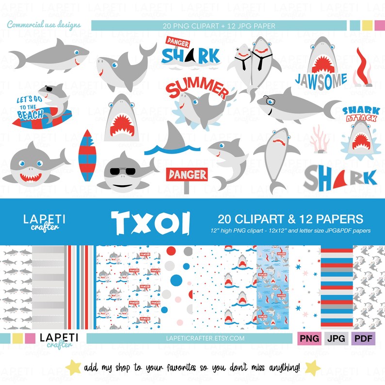 SHARK Clipart and Digital Paper Kit 20 PNG Files 12 Jpg - Etsy