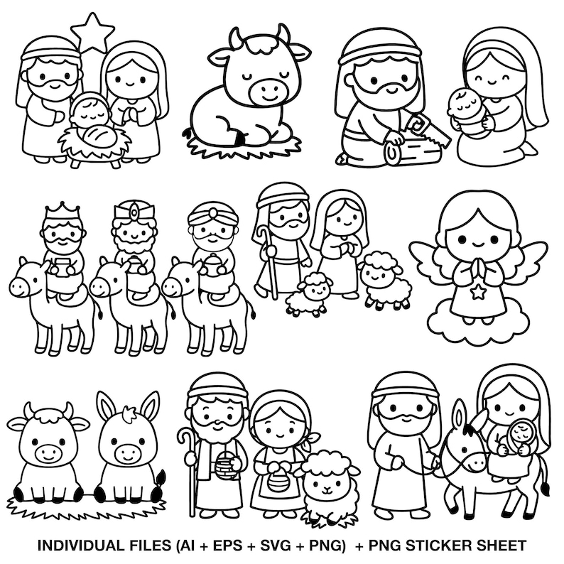 Nativity Line Art Clipart Set, Christmas Digital Stamps, Holy Family ...