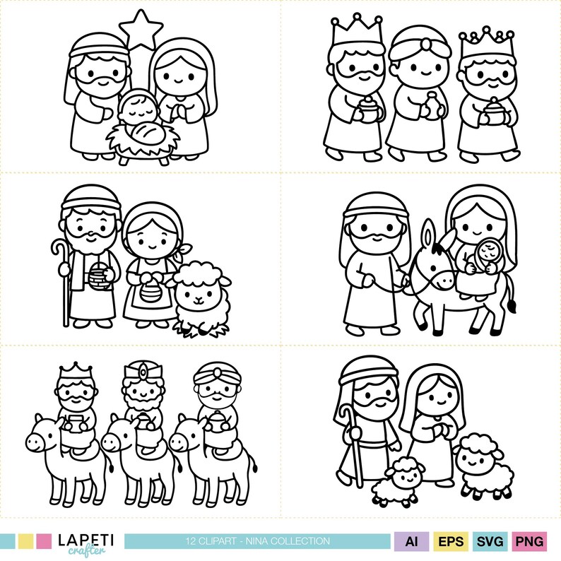 Nativity Line Art Clipart Set, Christmas Digital Stamps, Holy Family ...