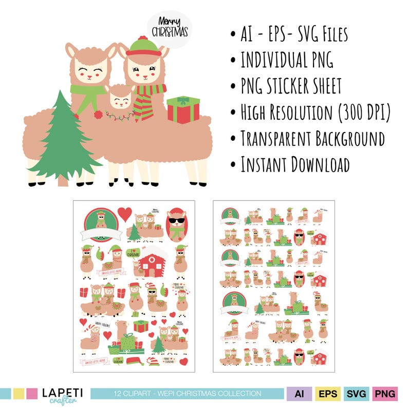 Christmas Llama Clipart Set | Holiday Alpaca PNG Bundle (instant ...