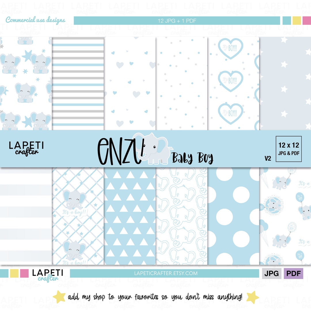 Elephant Baby Boy Digital Paper Pack for Scrapbooking and Crafts, It's ...