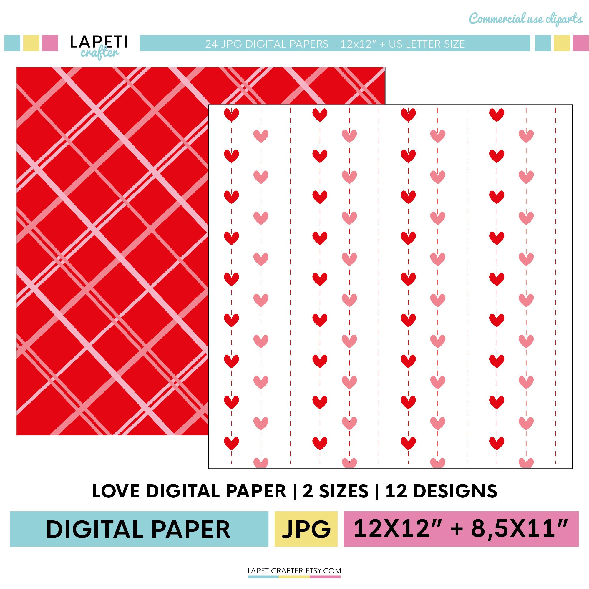 Valentines day digital paper pink & red 12x12 Scrapbook | Etsy