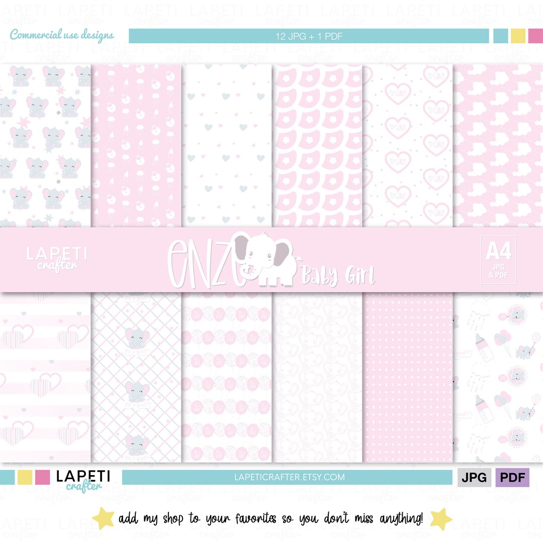 Baby Girl Elephant Paper for Scrapbooking, Pink Digital Paper Pack, A4 ...