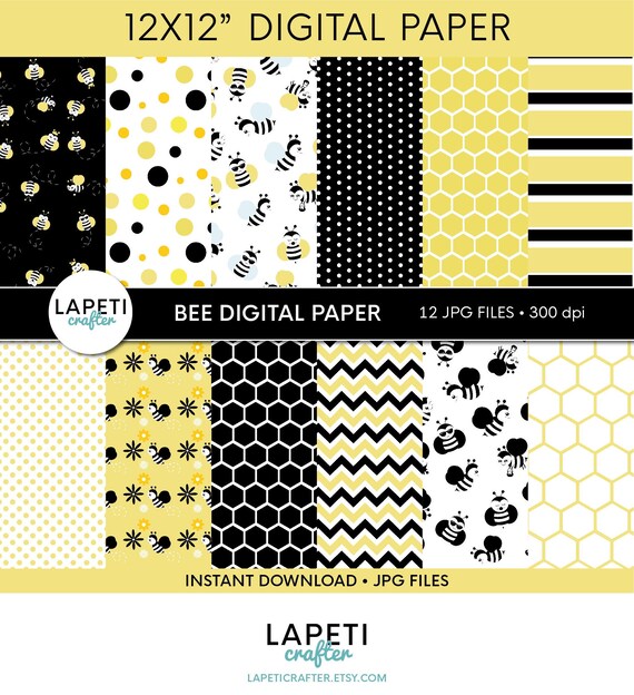 Bee digital paper pack 12x12 spring digital paper honey bee | Etsy
