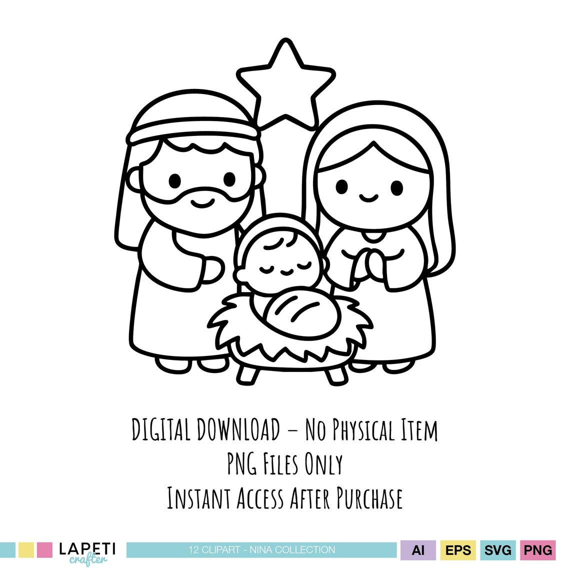 Nativity Line Art Clipart Set, Christmas Digital Stamps, Holy Family ...