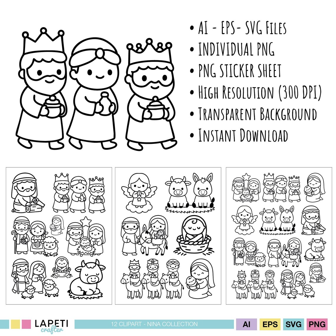 Nativity Line Art Clipart Set, Christmas Digital Stamps, Holy Family ...