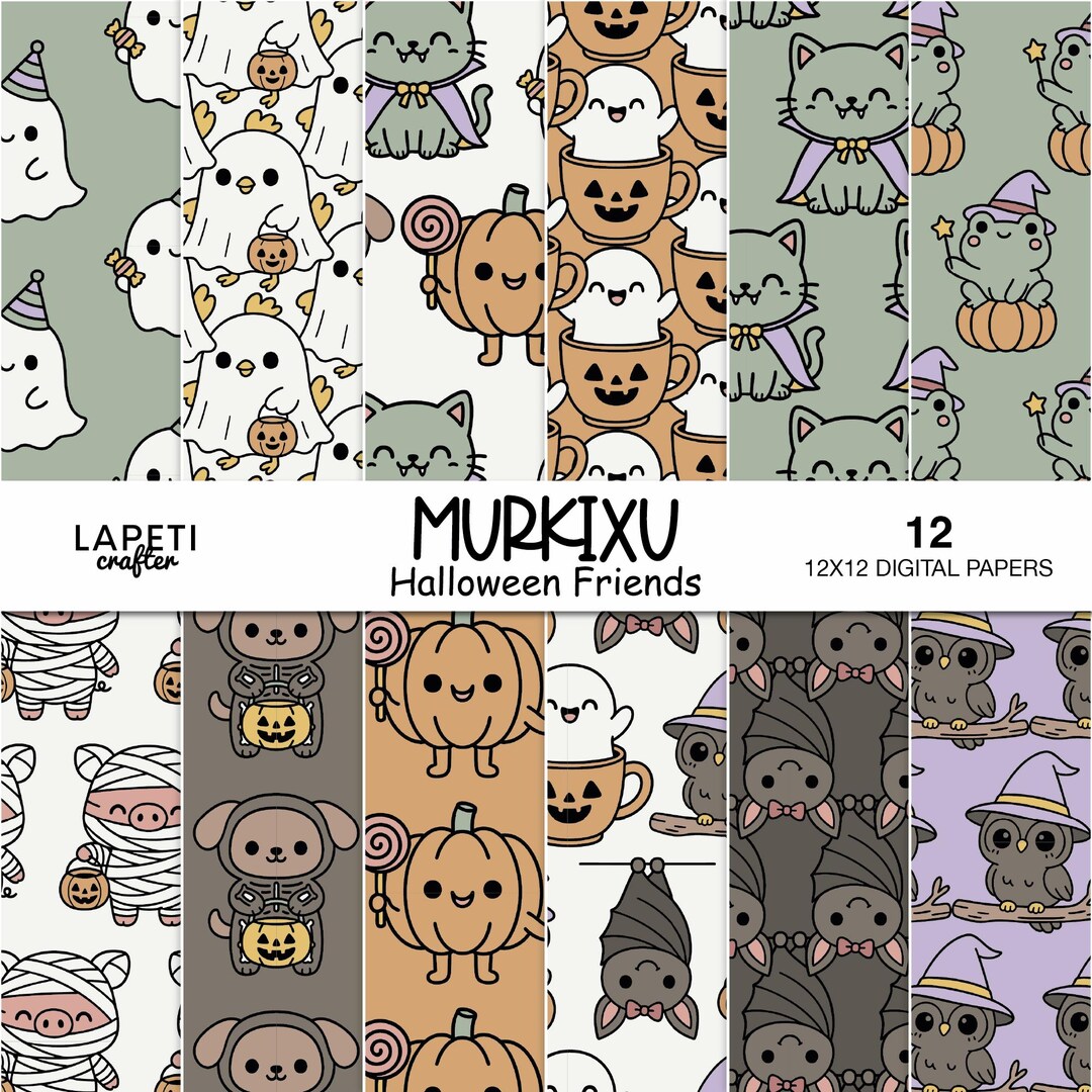 Cute Halloween Digital Paper for Kids, Kawaii Animals Pattern Papers ...