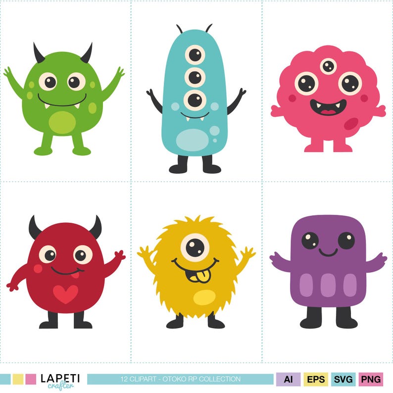 Cute Monster Clipart Bundle, Colorful Halloween Png, Kawaii Stickers ...
