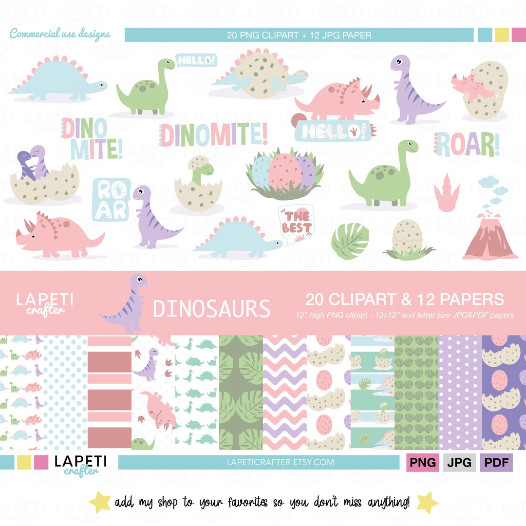 DINOSAUR Clipart and Digital Paper Kit 20 PNG Files 12 Jpg and Pdf ...