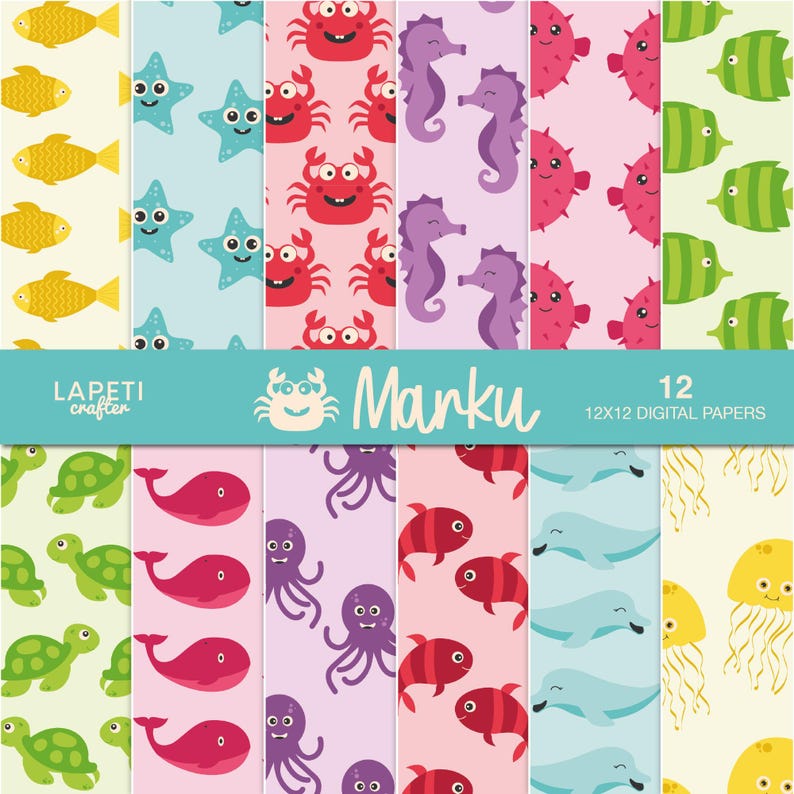 Sea Animals Digital Paper Pack, Cute Ocean Patterns for Kids Crafts ...