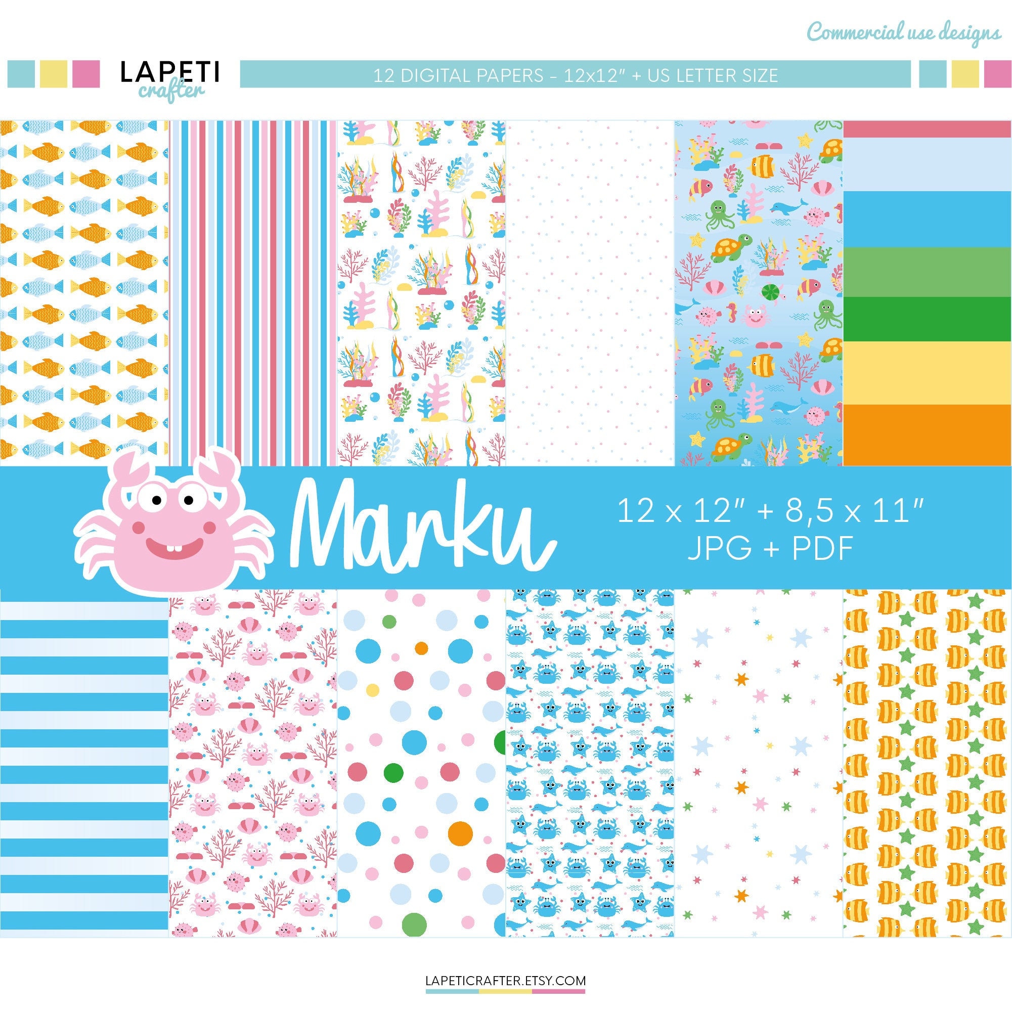 Sea animals digital paper pack digital patterns ocean | Etsy
