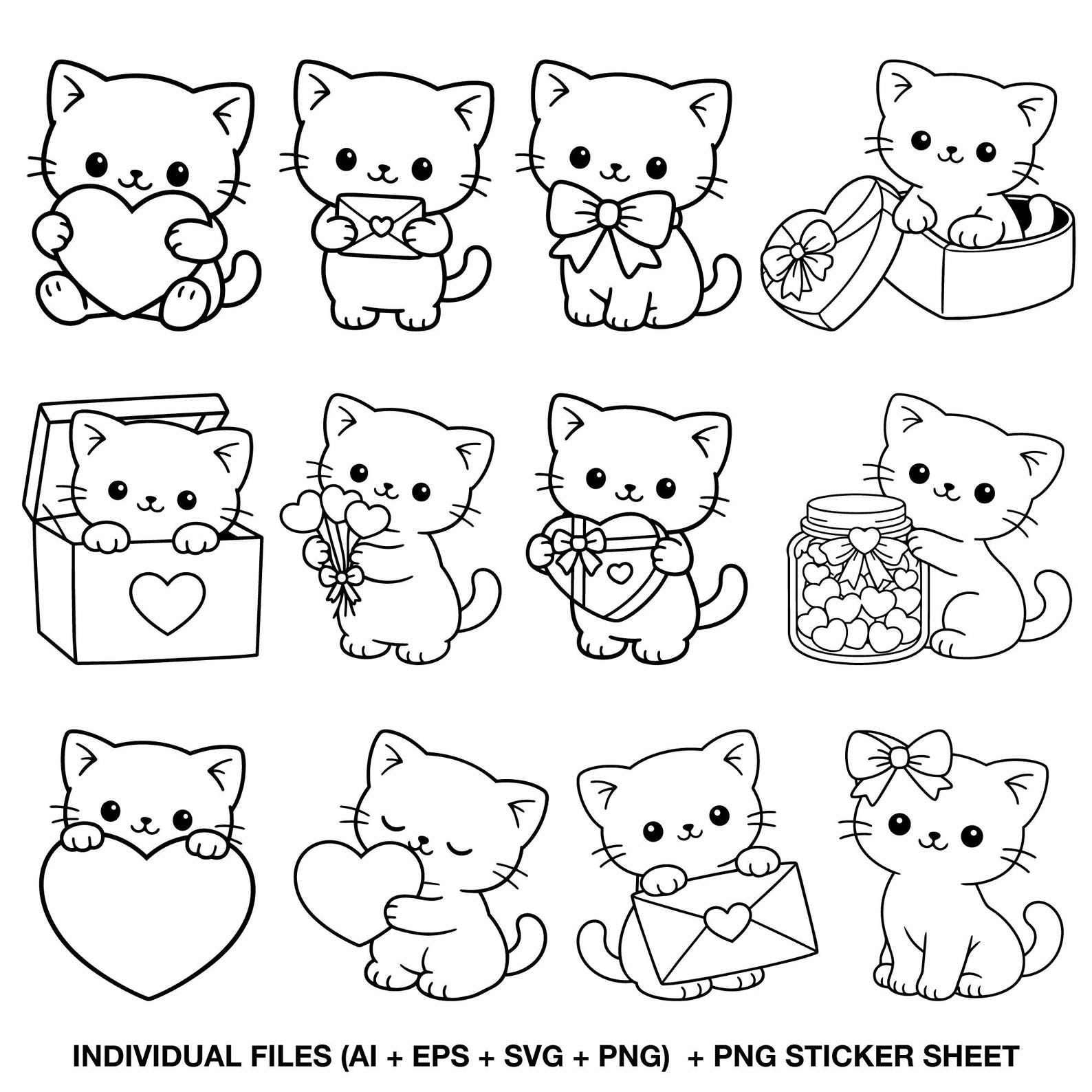 Valentine Cat Coloring Clipart, Kawaii Kitten Line Art Stamps, Pet ...