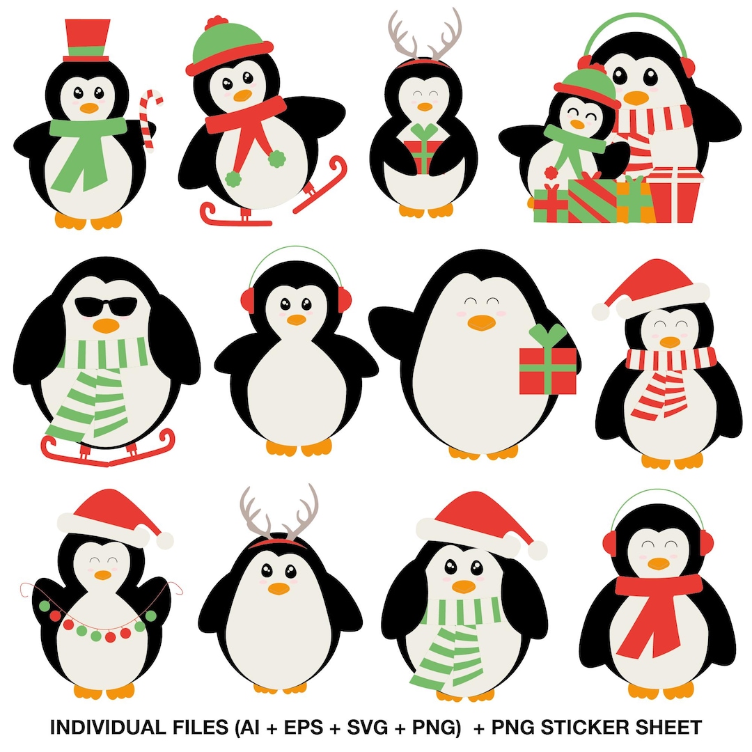 Penguin Christmas Clipart Bundle, Cute Winter Penguins PNG, Holiday ...