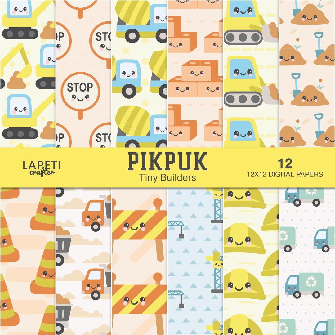 Construction Digital Paper for Kids, Cute Builder Trucks Scrapbook ...