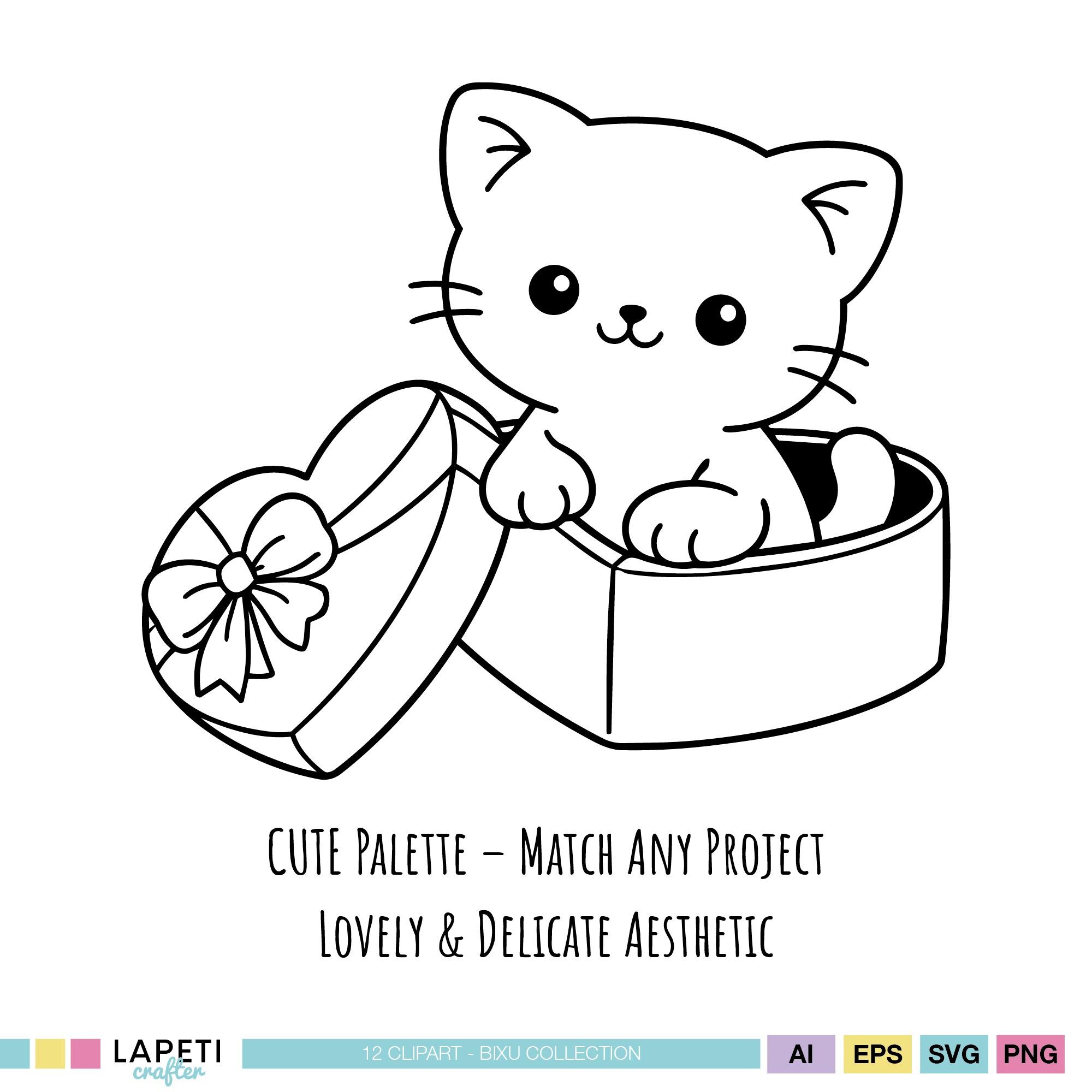 Valentine Cat Coloring Clipart, Kawaii Kitten Line Art Stamps, Pet ...
