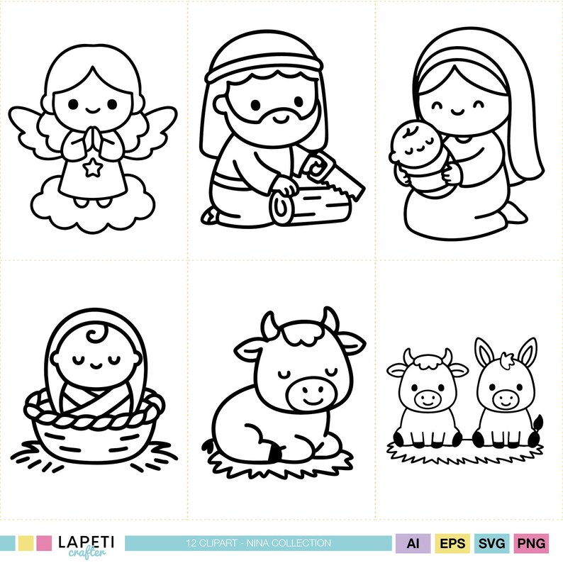 Nativity Line Art Clipart Set, Christmas Digital Stamps, Holy Family ...