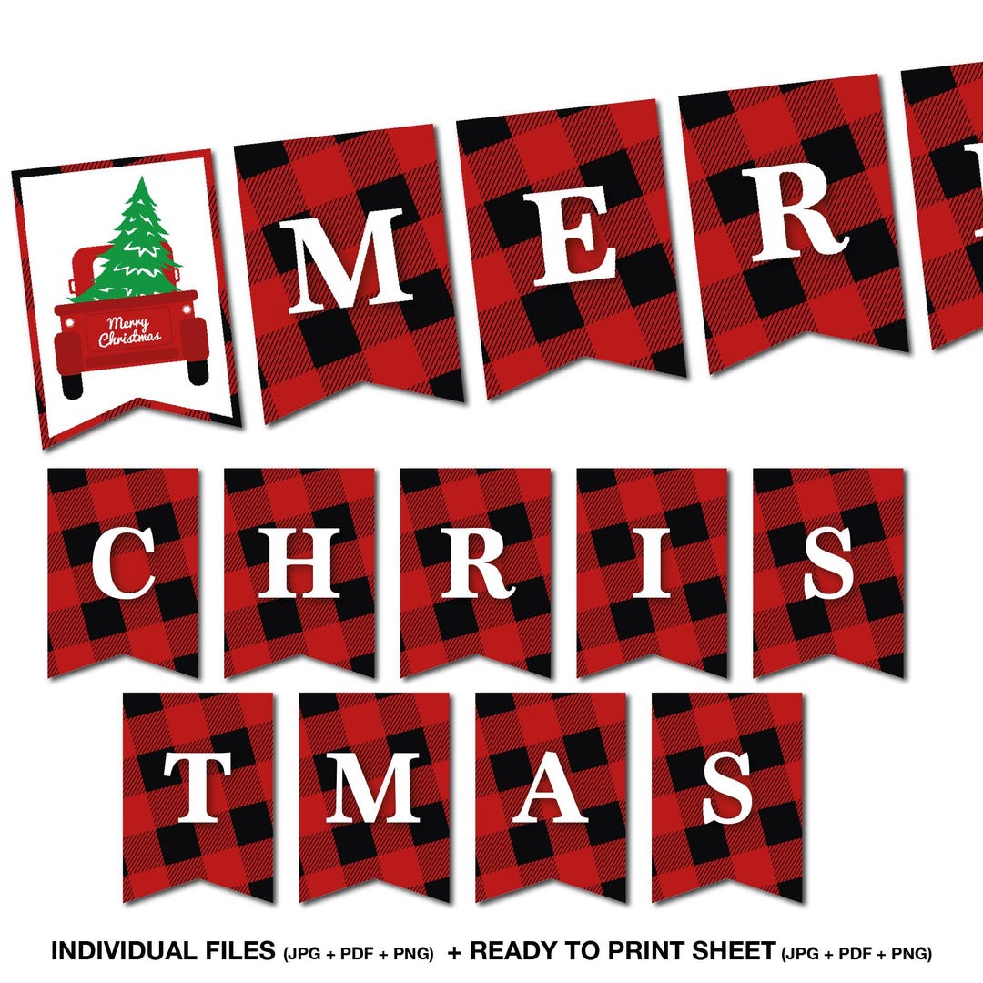 Printable Merry Christmas Banner | Red Buffalo Plaid Garland | Rustic ...