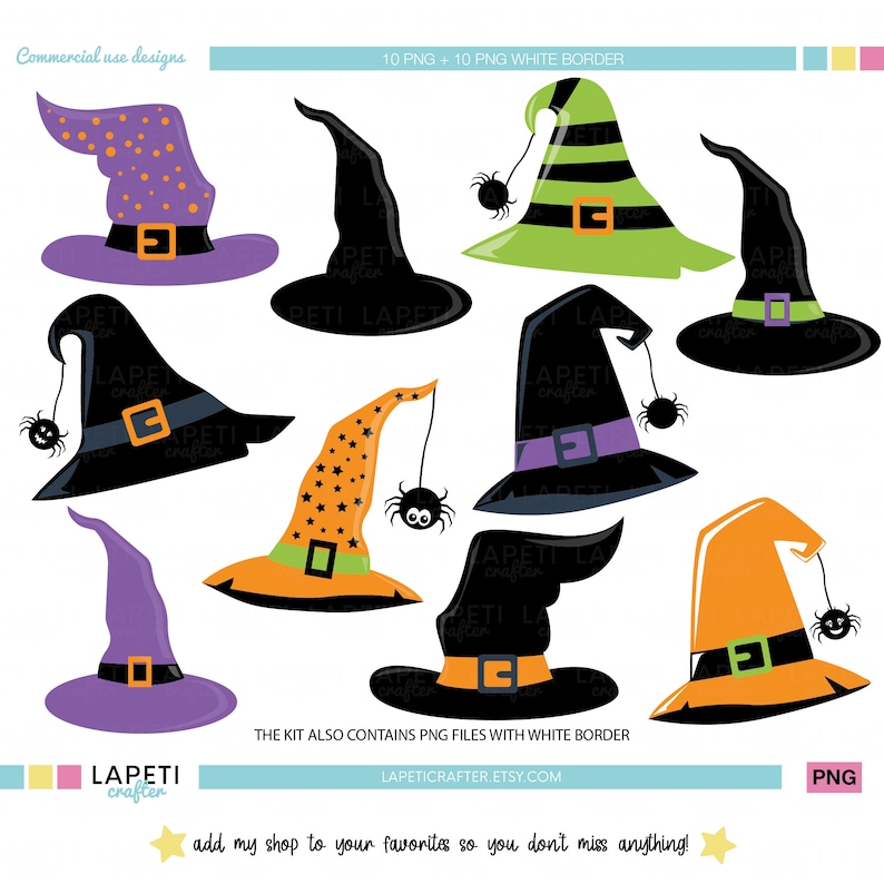 Witch Hat Clipart Set, Halloween Hat PNG Bundle With Spiders, Cute ...