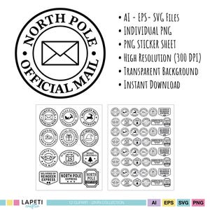 North Pole Stamps Clipart Set, Christmas Mail Graphics for Crafts and ...