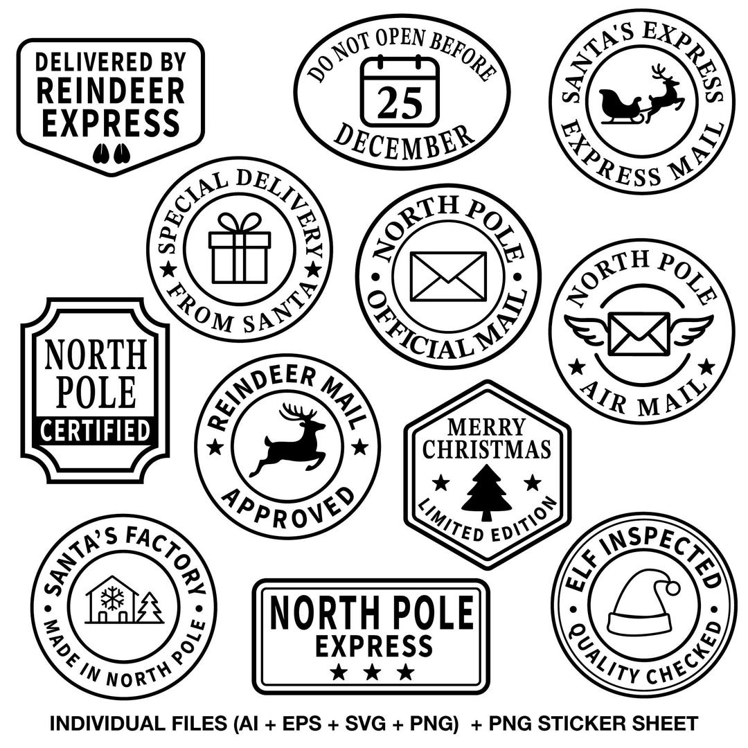 North Pole Stamps Clipart Set, Christmas Mail Graphics for Crafts and ...
