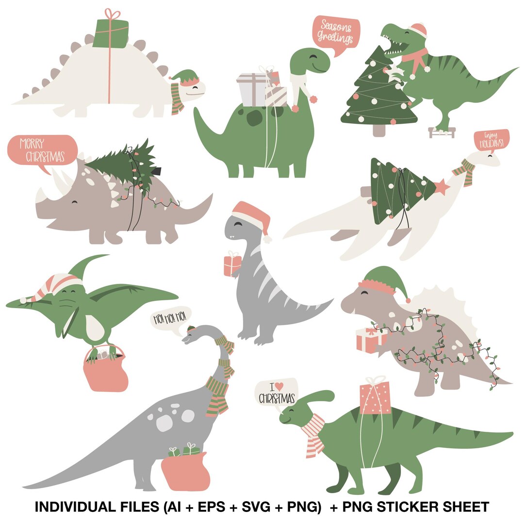 Christmas Dinosaurs Clipart Bundle, Dino PNG Set, Holiday Dinosaur ...