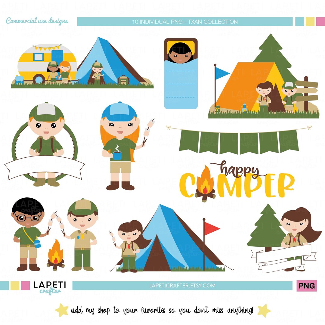 Camping Clipart, Happy Camper Art, Kids Scout Clipart, Tent Graphics ...