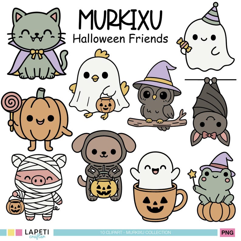 Cute Halloween Animals Clip Art, Kawaii Halloween Png Clipart for Cards ...
