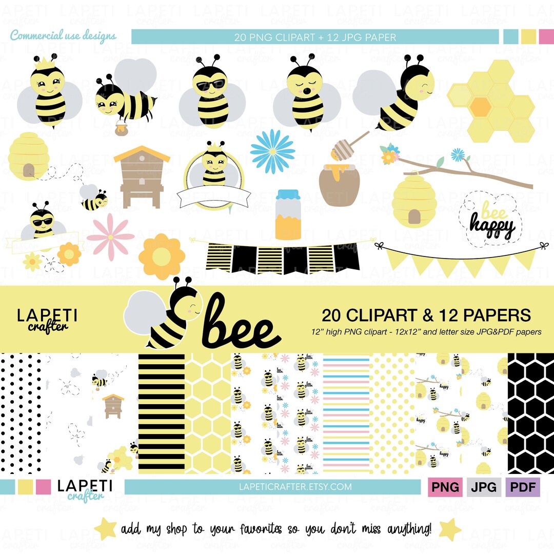 BEE Clipart and Digital Paper Kit 20 PNG Files 12 Jpg and - Etsy
