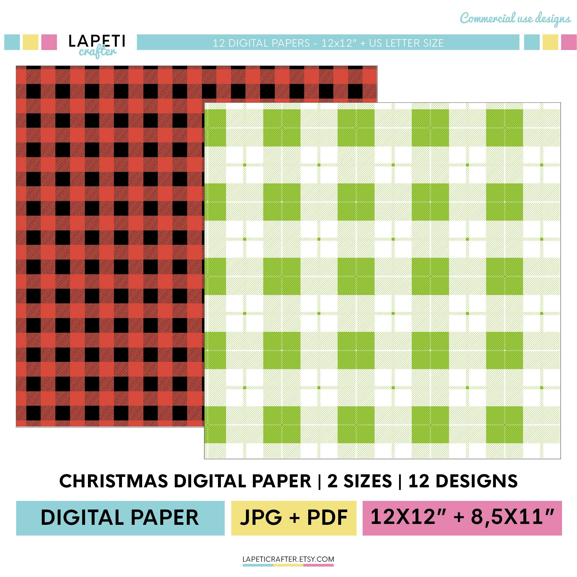 Buffalo plaid digital paper Red and green plaid background | Etsy