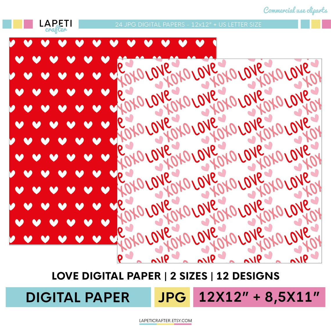 Valentines day digital paper pink & red 12x12 Scrapbook | Etsy