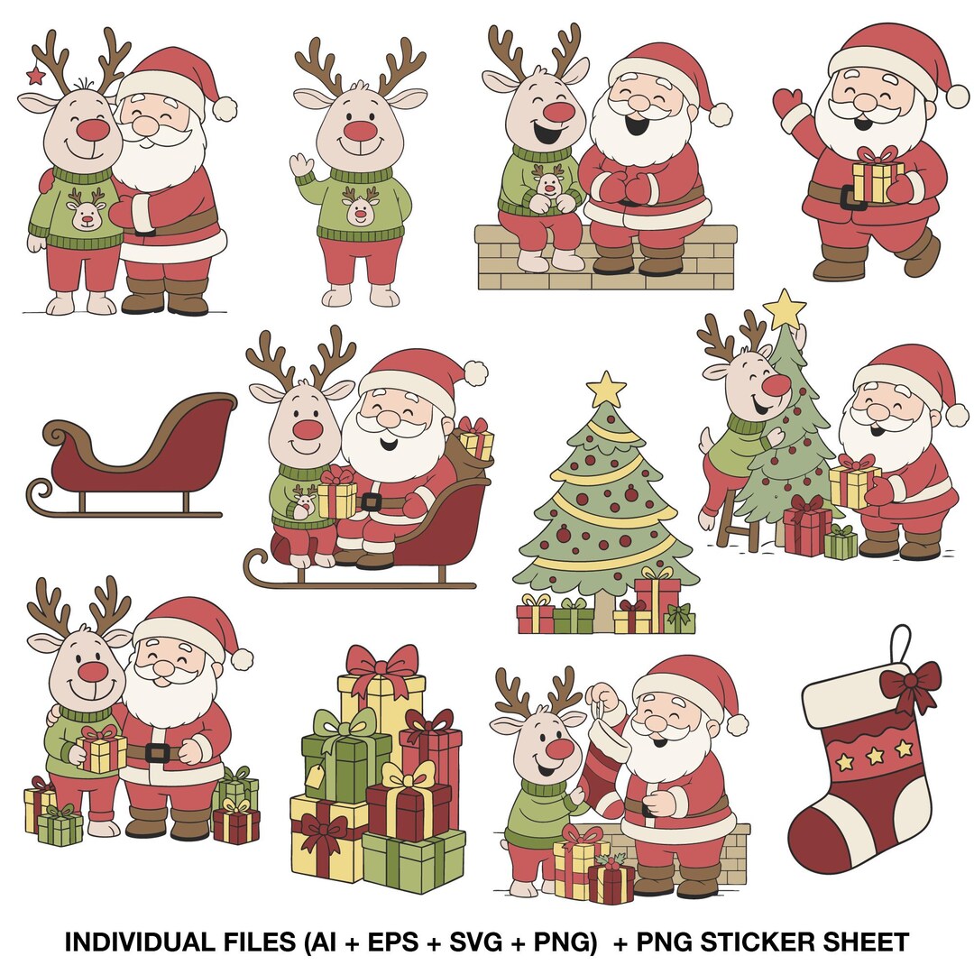 Santa and Reindeer Clipart, Santa Png Digital Download, Reindeer Png ...