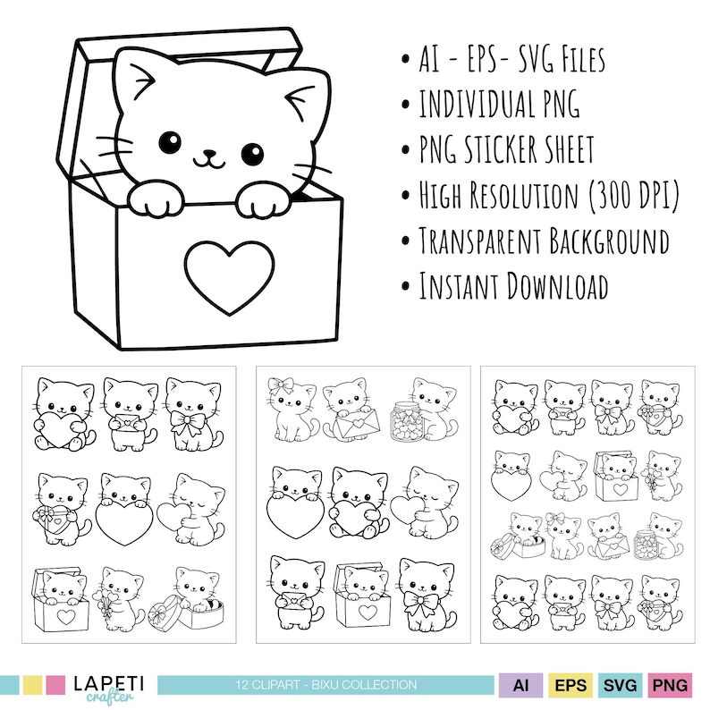 Valentine Cat Coloring Clipart, Kawaii Kitten Line Art Stamps, Pet ...