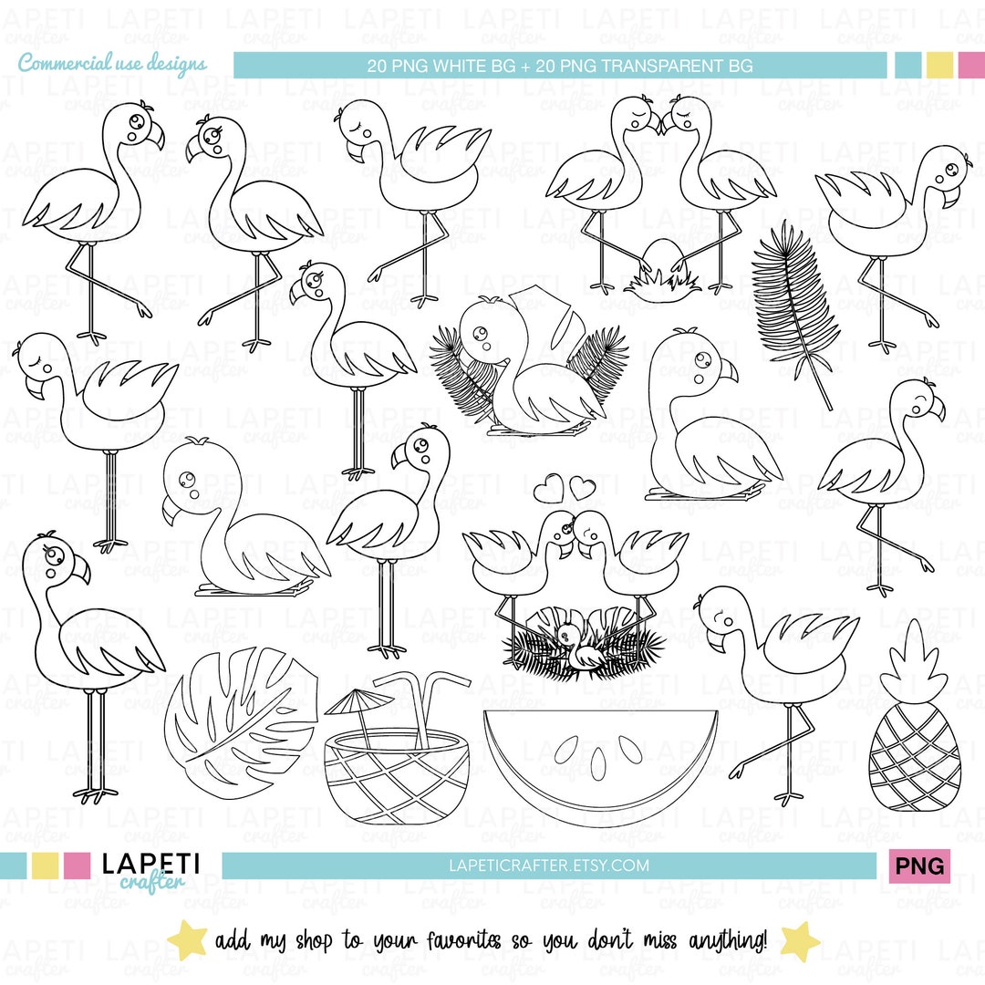 Flamingo Digital Stamps, Tropical Outline Flamingo Clipart, Black and ...
