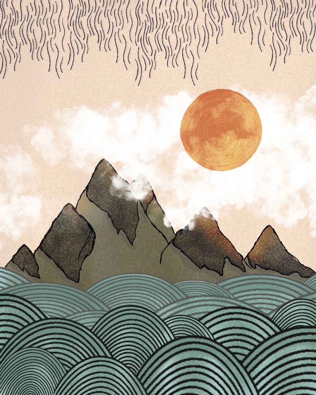 Mountains, Water, Sun, Lines - Print - INSTANT DOWNLOAD - Etsy