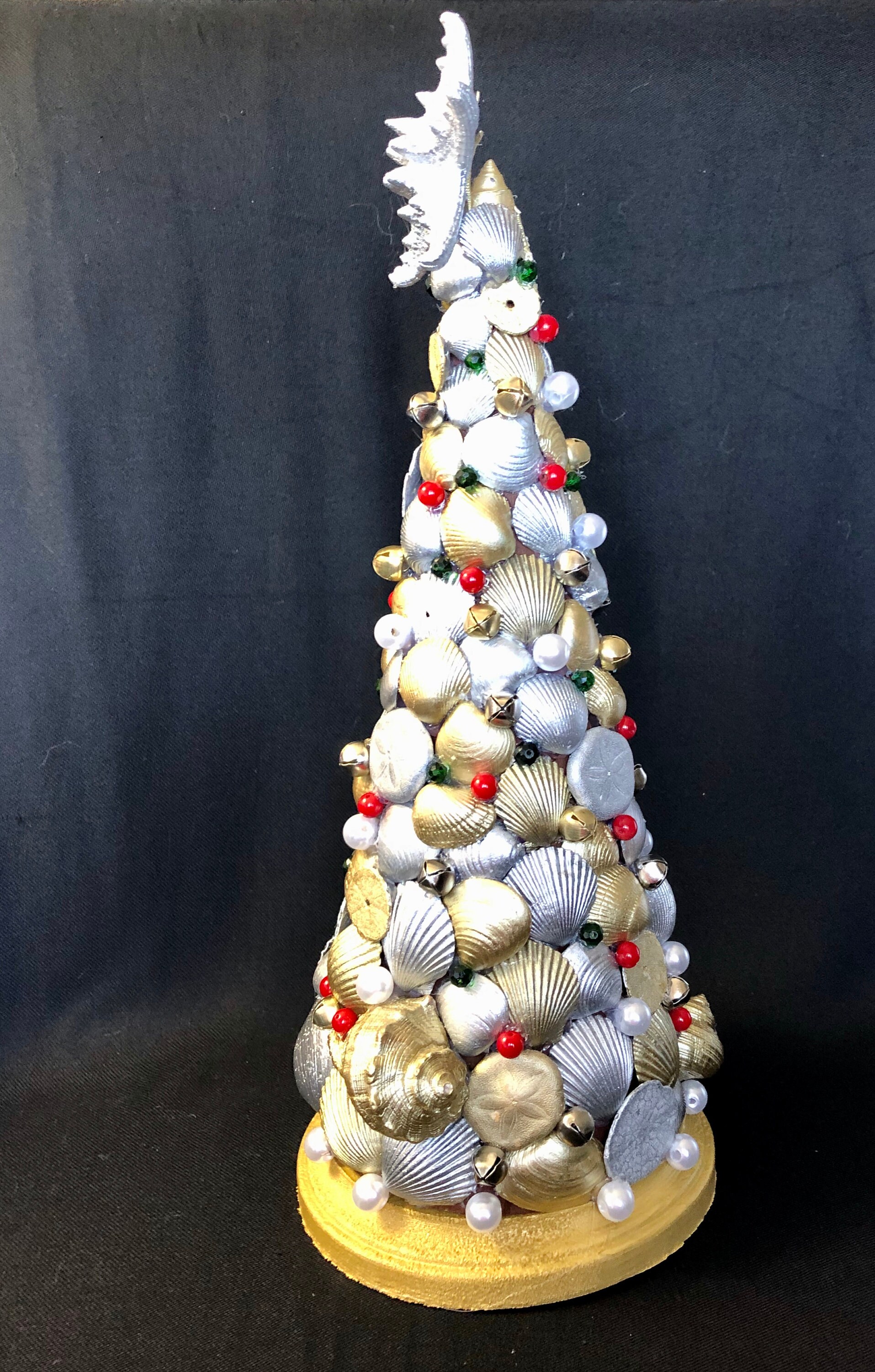 12.5 Inch Table Top Christmas Tree Silver & Gold Jingle Bell Seashell ...