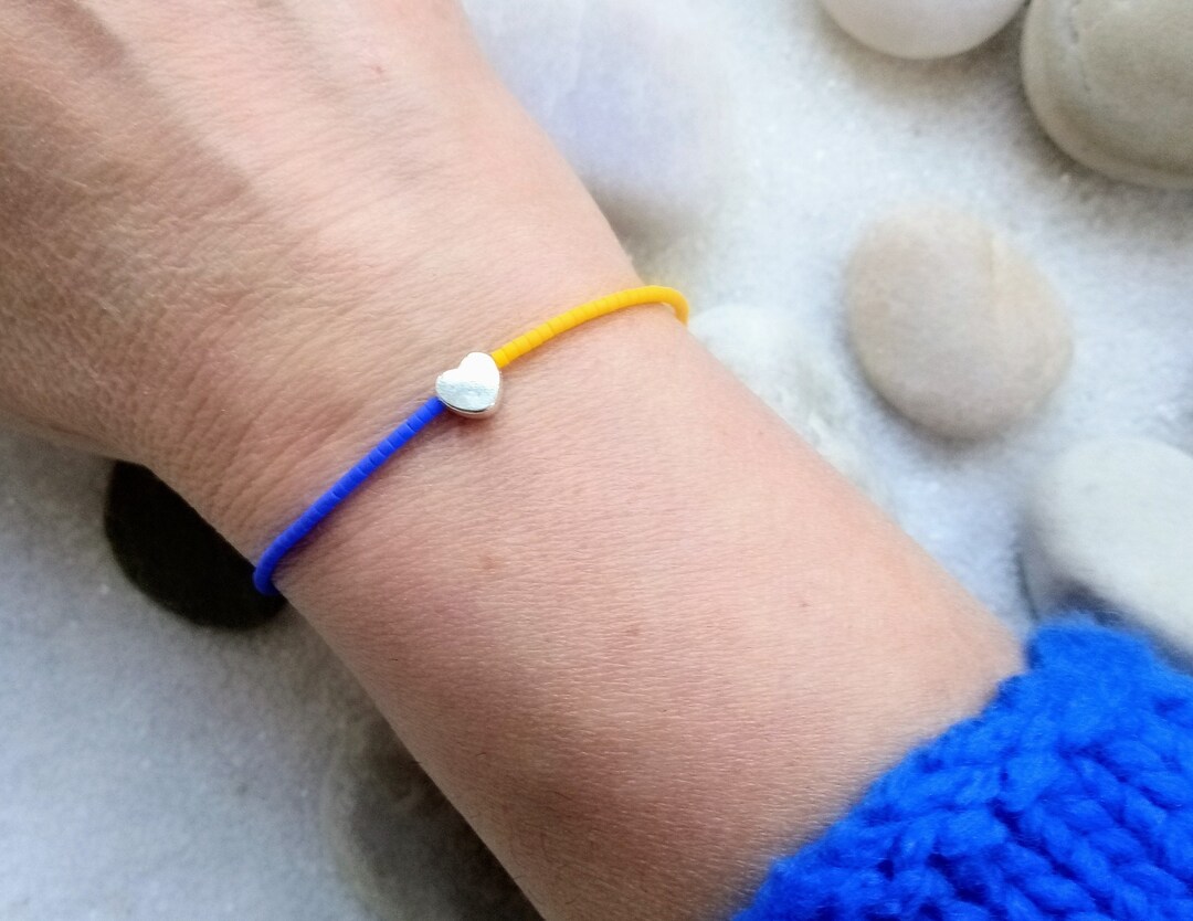 Ukraine Bracelet With Silver Heart, Delicate, Fine, Elastic, Made of ...