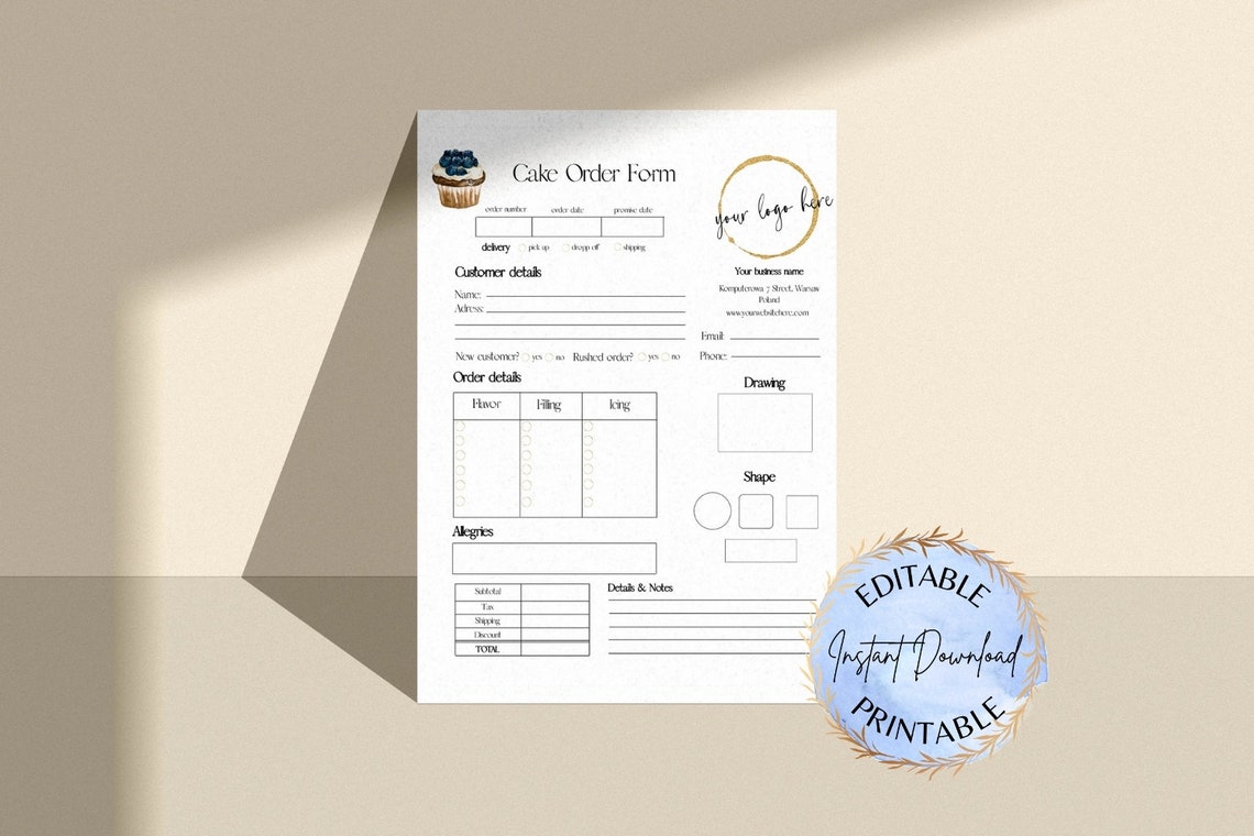EDITABLE Cake Order Form Template Bakery Order Form Receipt | Etsy