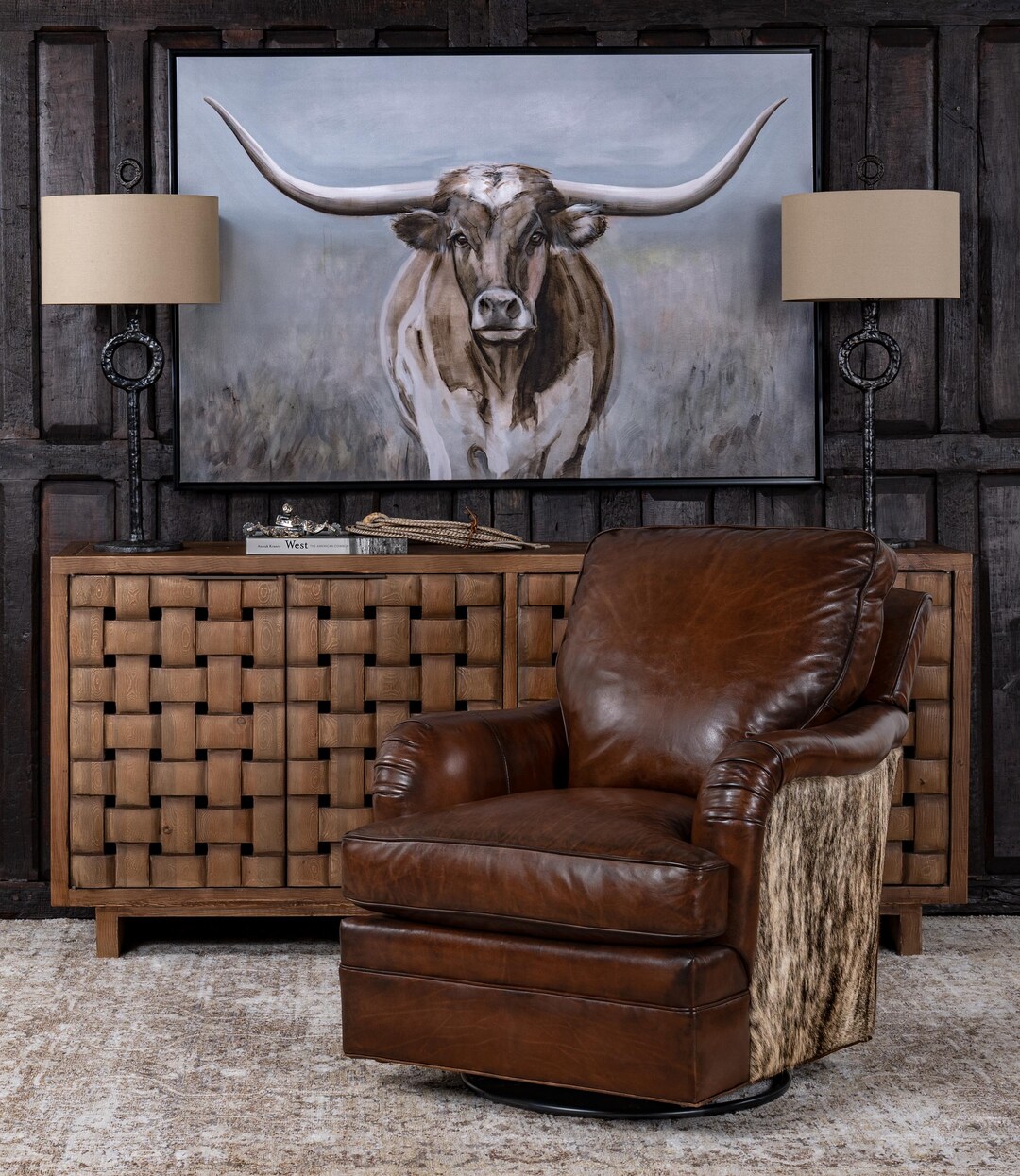 Hennessy Leather Swivel Glider Chair | Cowhide Accent, American Made - Etsy