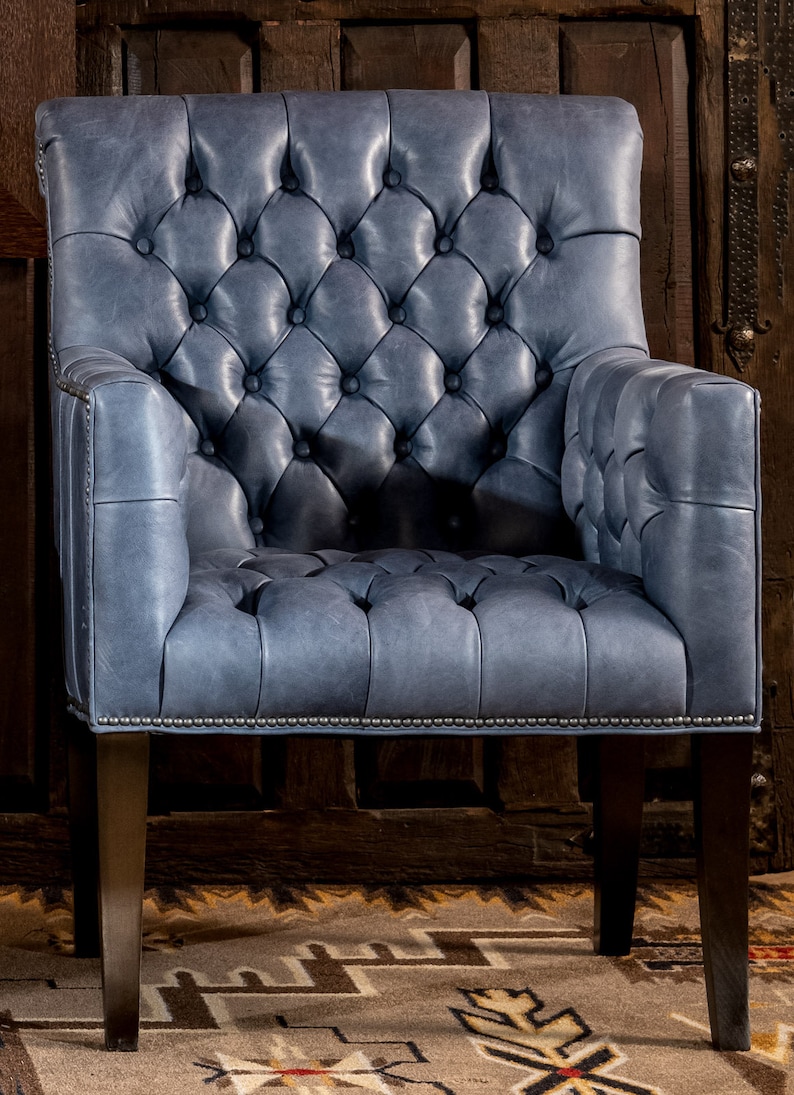 Elsa Slate Chair- Elegant Tufted Blue Leather Chair-western ...