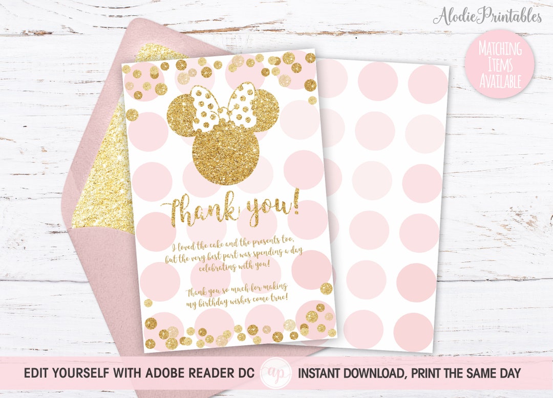 Minnie Mouse Thank You Card, Minnie Mouse Thank You Note, 1st Birthday ...
